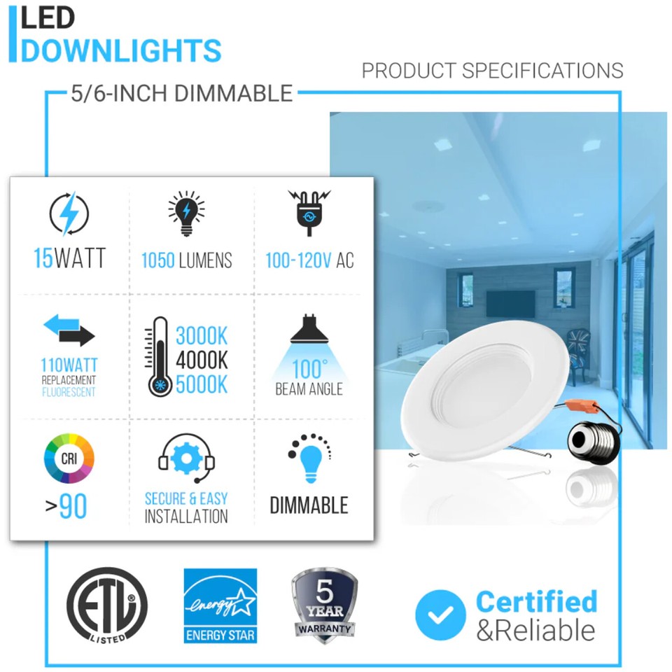 5/6 Inch LED Can Lights Retrofit Recessed Lighting, 5CCT 15Watt ...