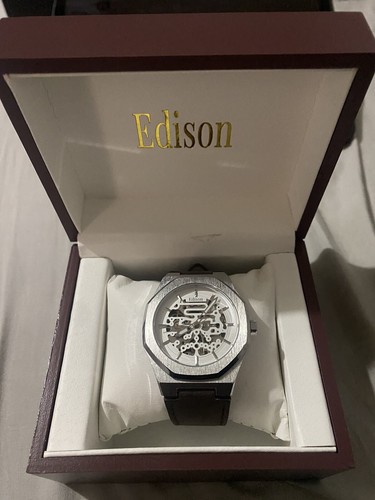 Mens Edison Roadster Automatic Watch Silver Colour Hexagon Case Brown ...