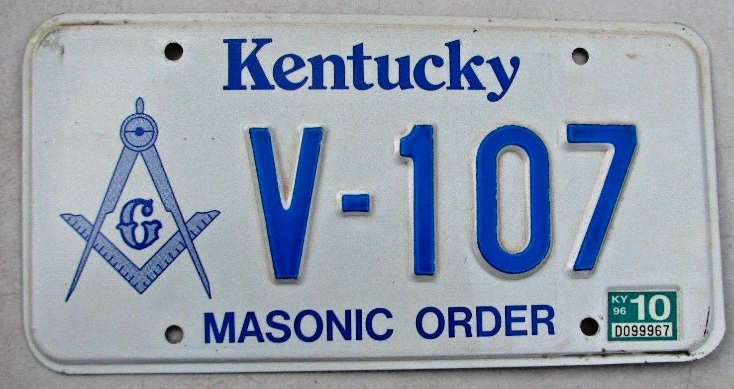 KENTUCKY MASONIC ORDER LODGE MASON LICENSE PLATE " V 107 " FREEMASON ...