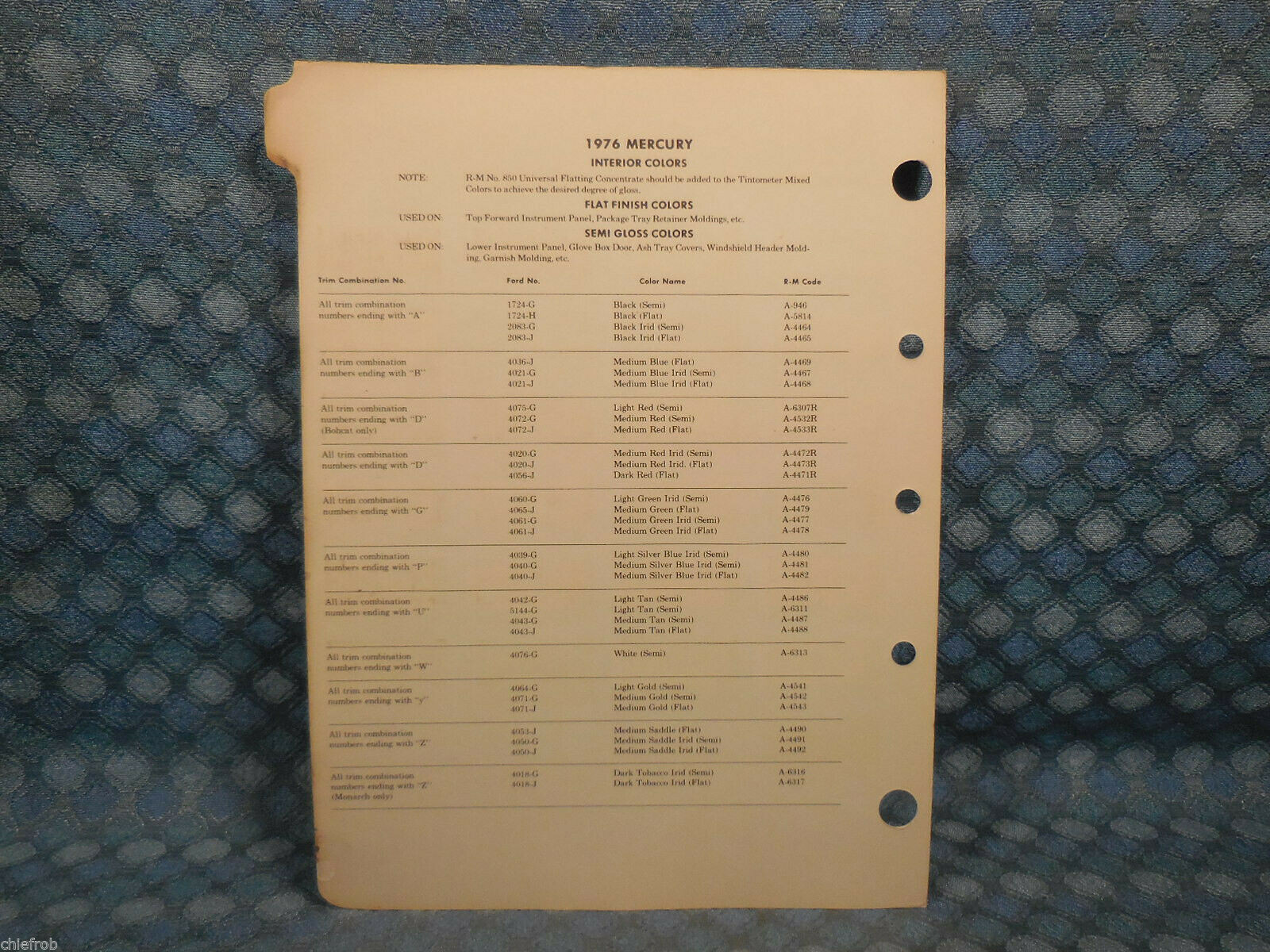 1976 Mercury Original R-M Paint Color Chip Chart | eBay