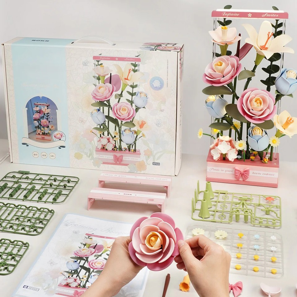 ROKR Plastic Flower Assembly 3D Puzzle Blooming Bouquet Box DIY Home ...