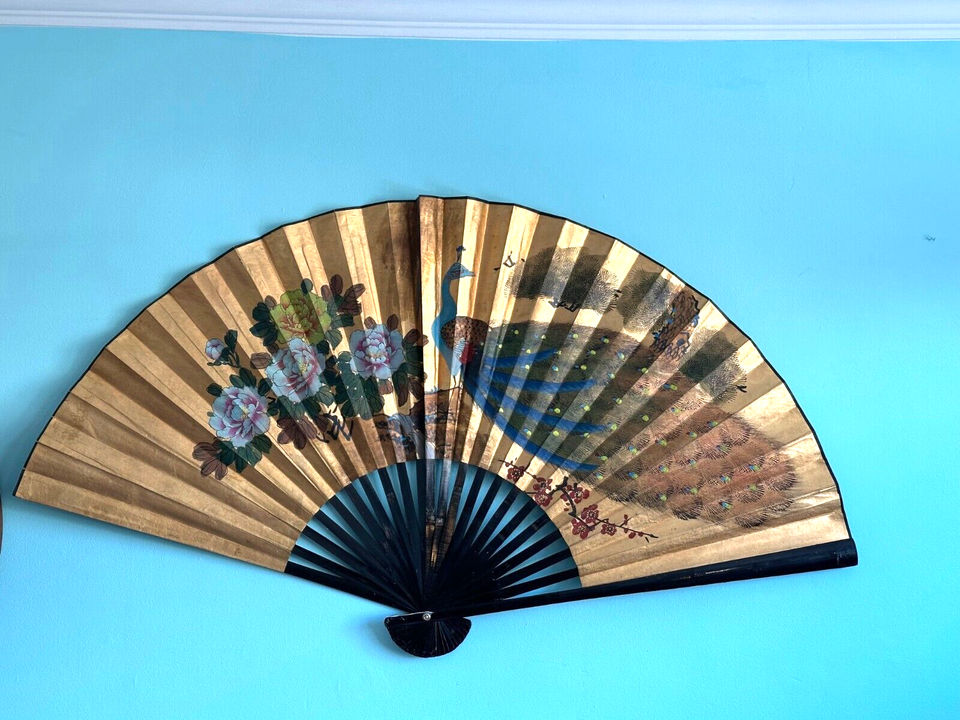 Vintage Hand Painted Chinese Folding Fan Peacock & Peony Art Gold Decor ...