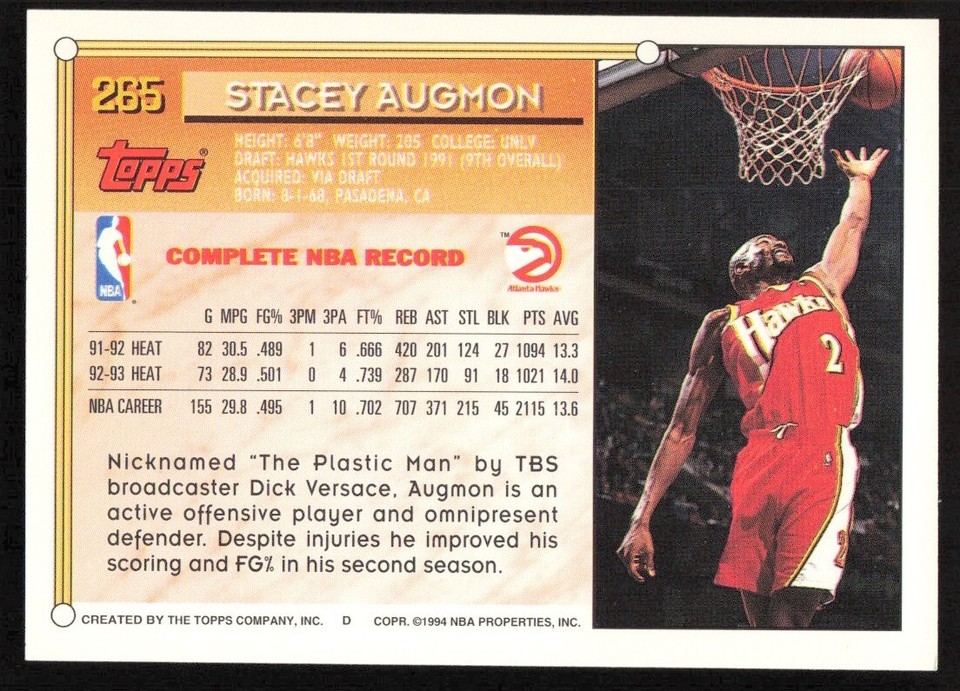 1993-94 Topps Gold Basketball Stacey Augmon #265 Atlanta Hawks | eBay