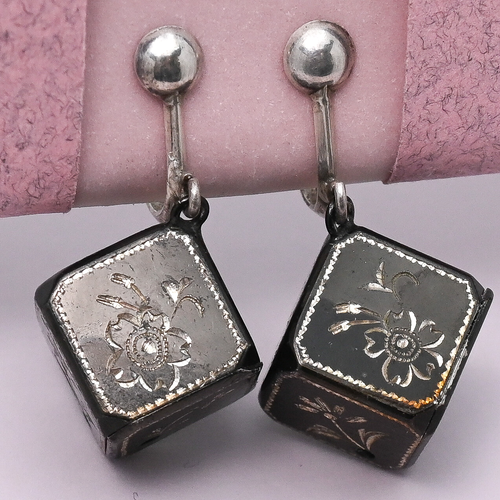 Vintage Cube Secret Panel Locket Dangle Drop Sterling Silver Earrings ...
