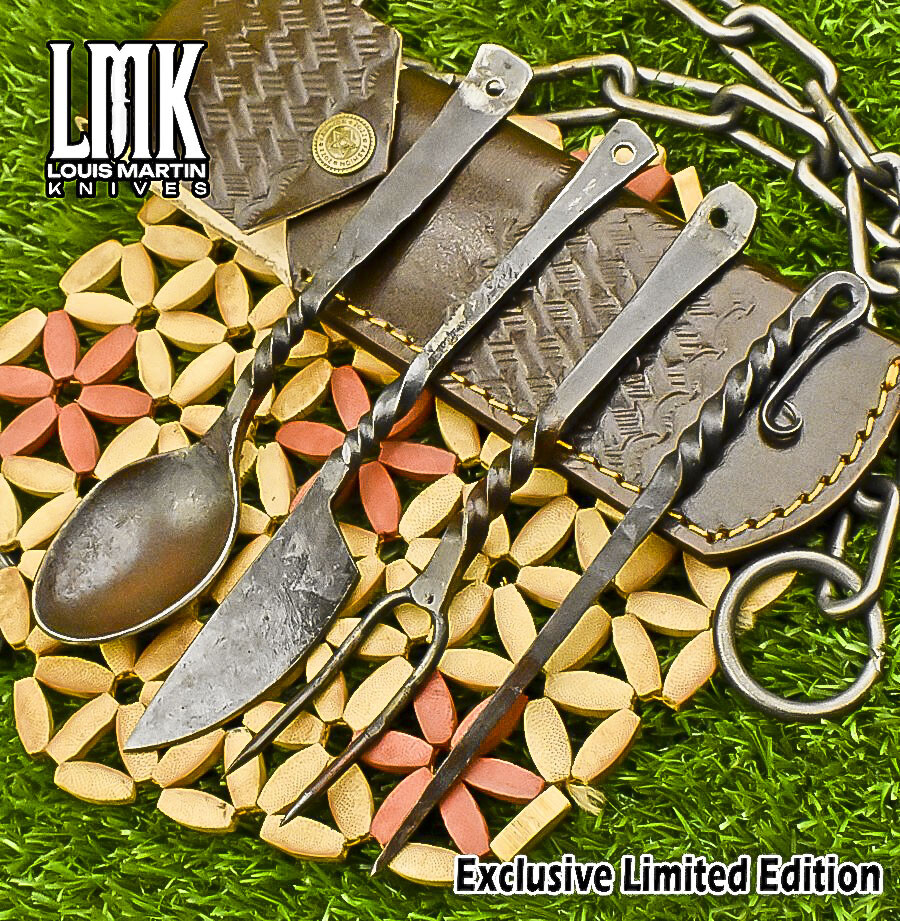 LMK Hand Forged Antique Table Set 440C Steel Hammered Pattern Lot of 4 ...