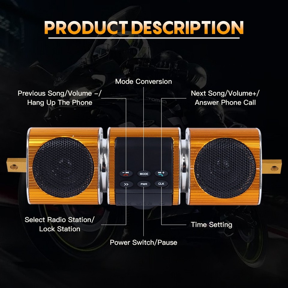 Waterproof Bluetooth Motorcycle Stereo Speaker MP3 Audio System USB AUX ...
