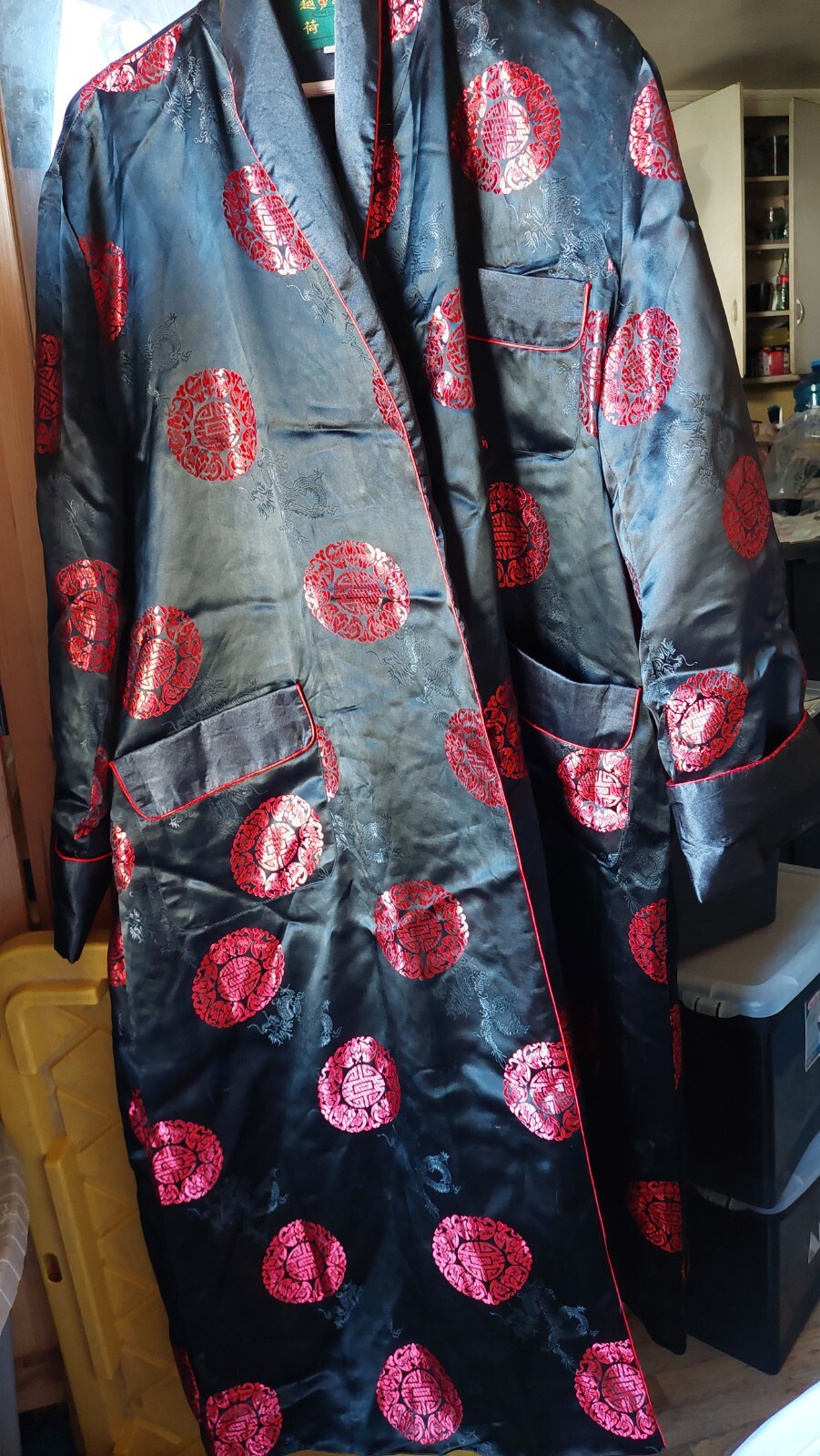 CHINESE SILK MEN'S ROBE. BLACK DRAGONS, PROSPERITY ME… - Gem