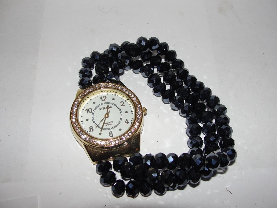 STRADA QUARTZ JAPAN STRETCH BAND BEADED WRIST WATCH - BLACK | eBay