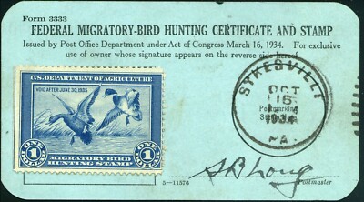 RW1 1934 FEDERAL DUCK FORM 3333 SYKESVILLE PA OCT 16, 1934 PRISTINE ...