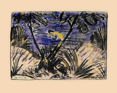 Otto Müller - Badende junge Frau hinter einem gegabelten Baum auf ...