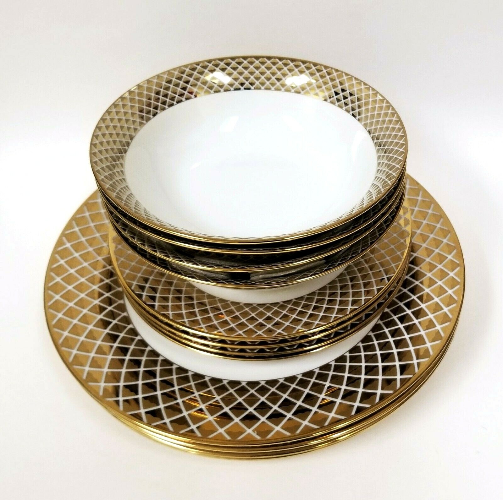 LUXE SET OF 4 PORCELAIN METALLIC GOLD DIAMOND PATTERN DINNER,SALAD ...