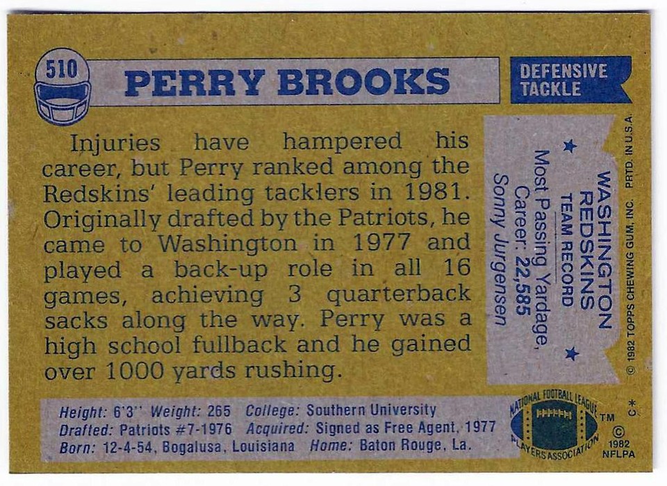 1982 Topps NFLPA Trading Card Washington Redskins #510 Perry Brooks | eBay