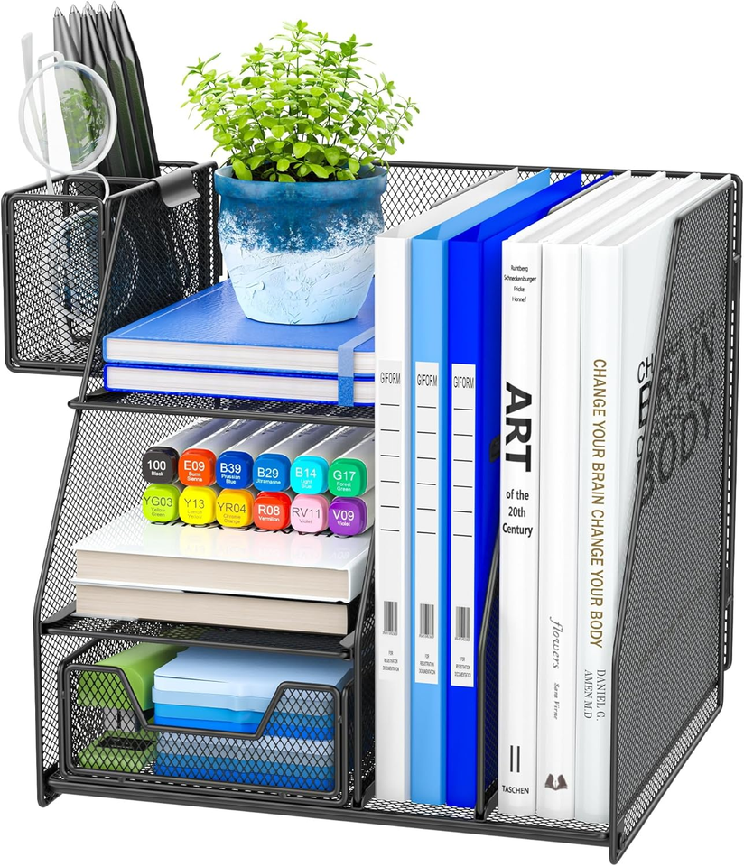 ADO03 Metal Mesh Desk Organizer with File Holder, 2-Tier Paper Letter ...