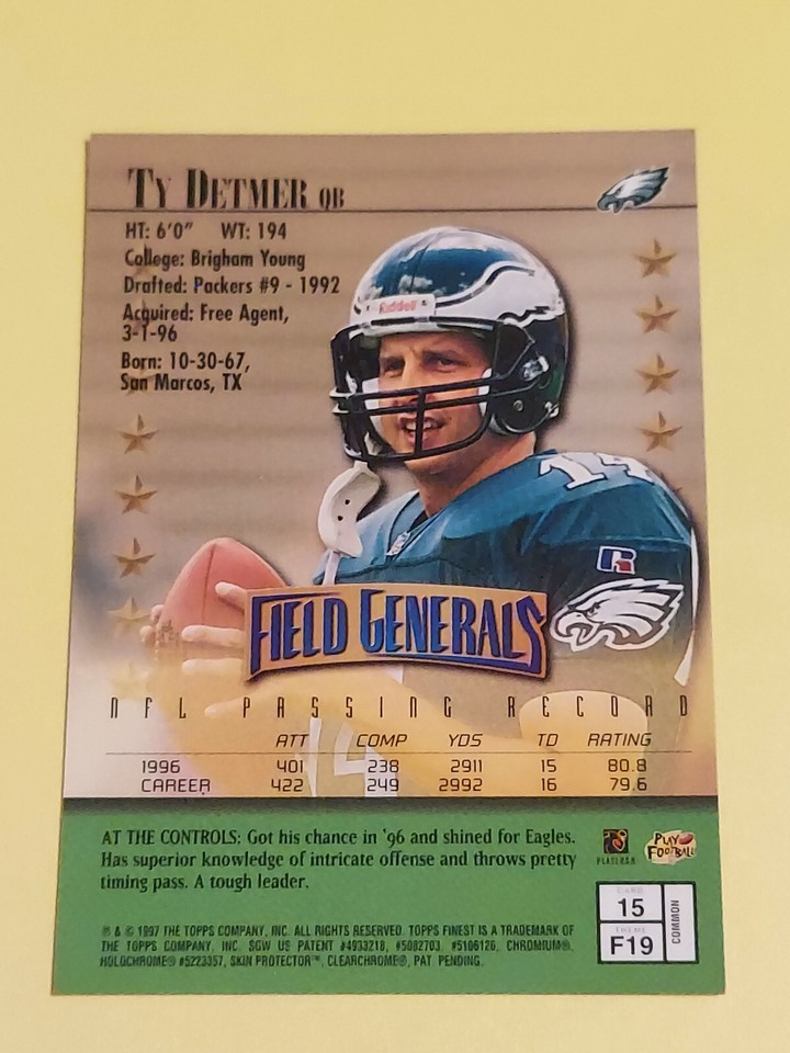 1997 Topps Finest Field Generals, Card #15, Ty Detmer, Philadelphia ...