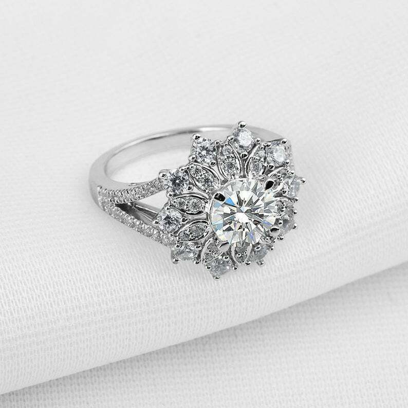 5ct Round Lab-Created Moissanite Ring Flower Cocktail Split Band Gold ...