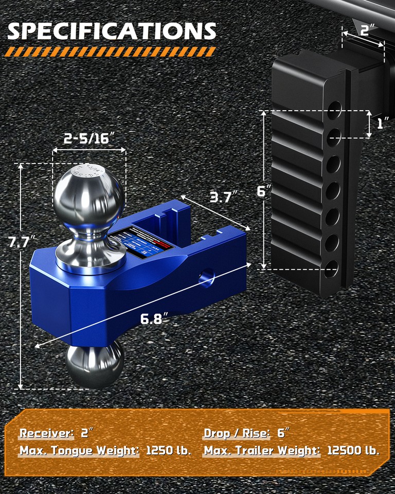 2.5" Receiver 8" Drop/Rise Adjustable Tow Hitch Dual Ball Mount Trailer ...