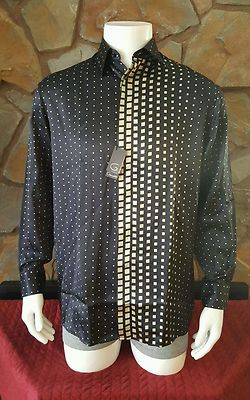 NWT MEN'S GENELLI SILK SHIRT GEOMETRIC SHADES OF BLACK & TAN DESIGN ...