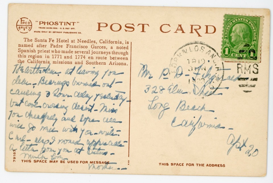 Fred Harvey El Garces Santa Fe Hotel Needles Ca Postcard RMS Cancel | eBay