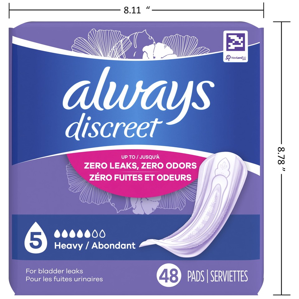 Always Discreet Incontinence Pads, Heavy Absorbency, Regular Length, 48 ...