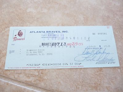 Vintage Baseball 1973 ATLANTA BRAVES Cancelled Checks Autographed Rare ...