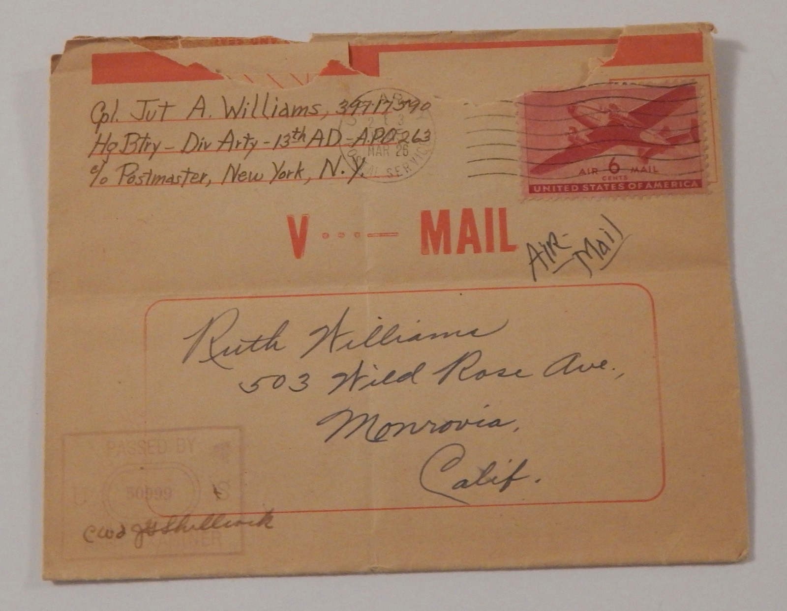 13th Armored Division APO 263 (France) March 26 1945 WW2 censored V ...