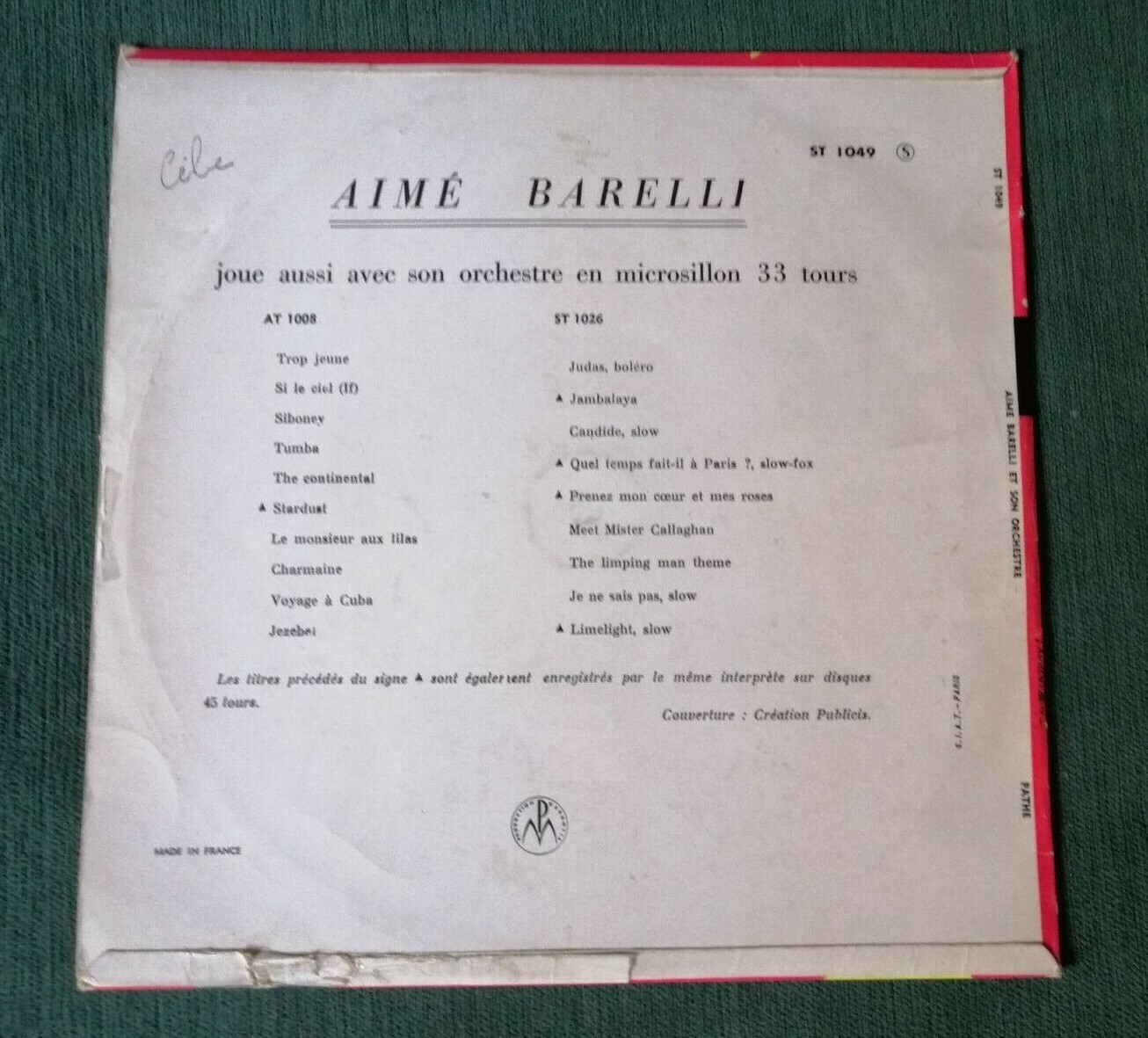 Aimé Barelli and His Orchestra "Le Grisbi" 25 cm 10" LP 1956 Pathé 33 ...