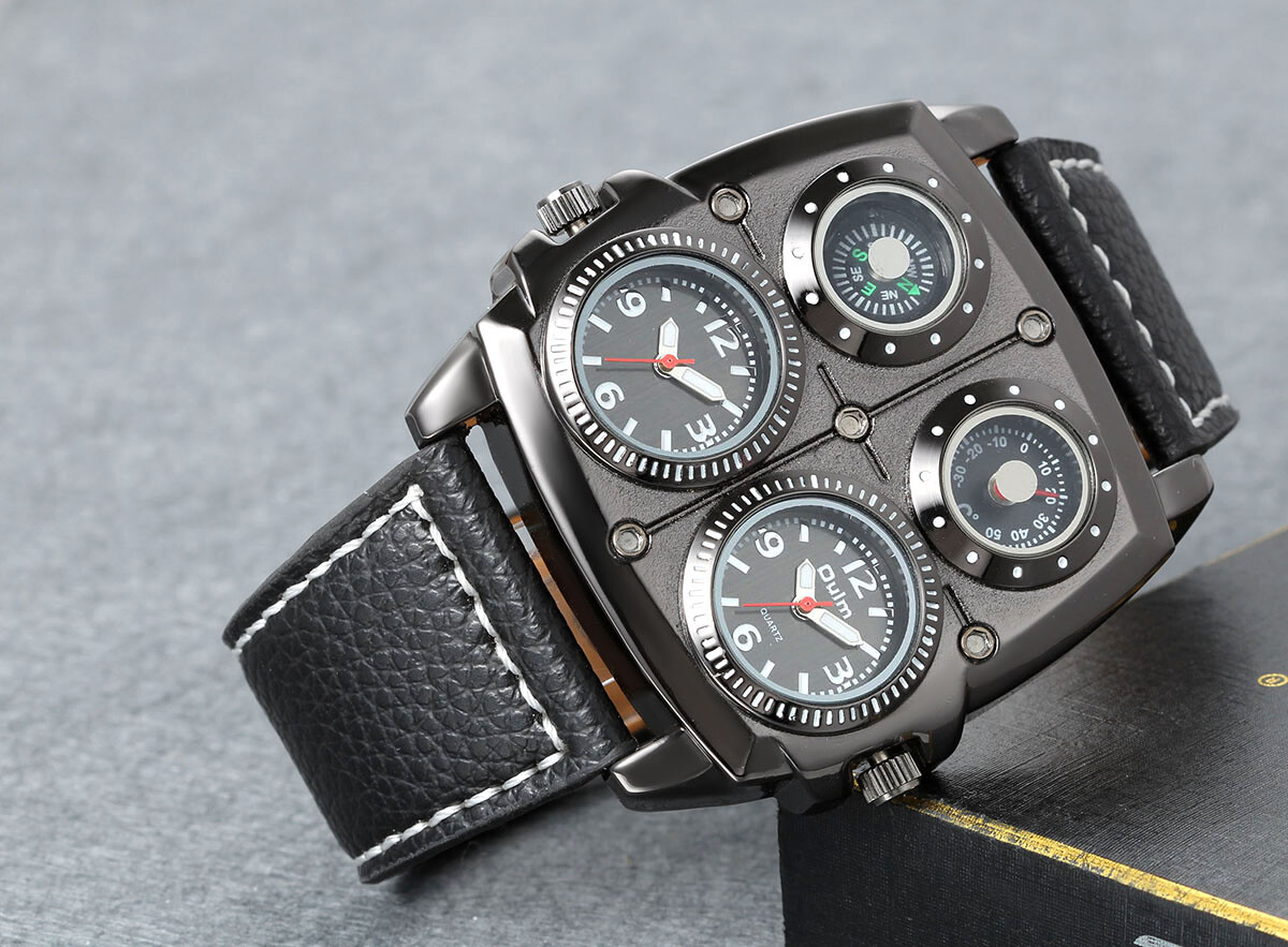 Military Army Dual Time Zones Movements Quartz Watch Black Leather ...