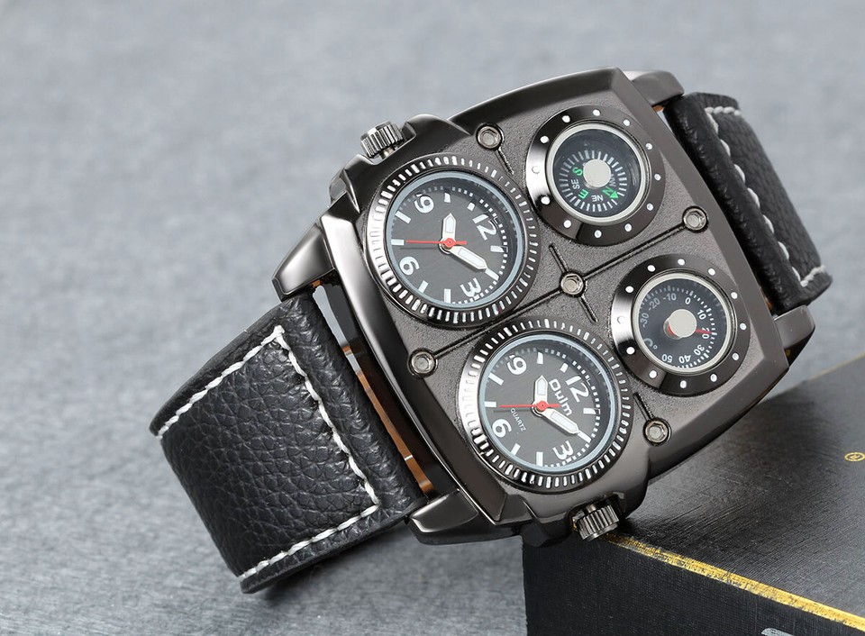 Military Army Dual Time Zones Movements Quartz Watch Black Leather ...