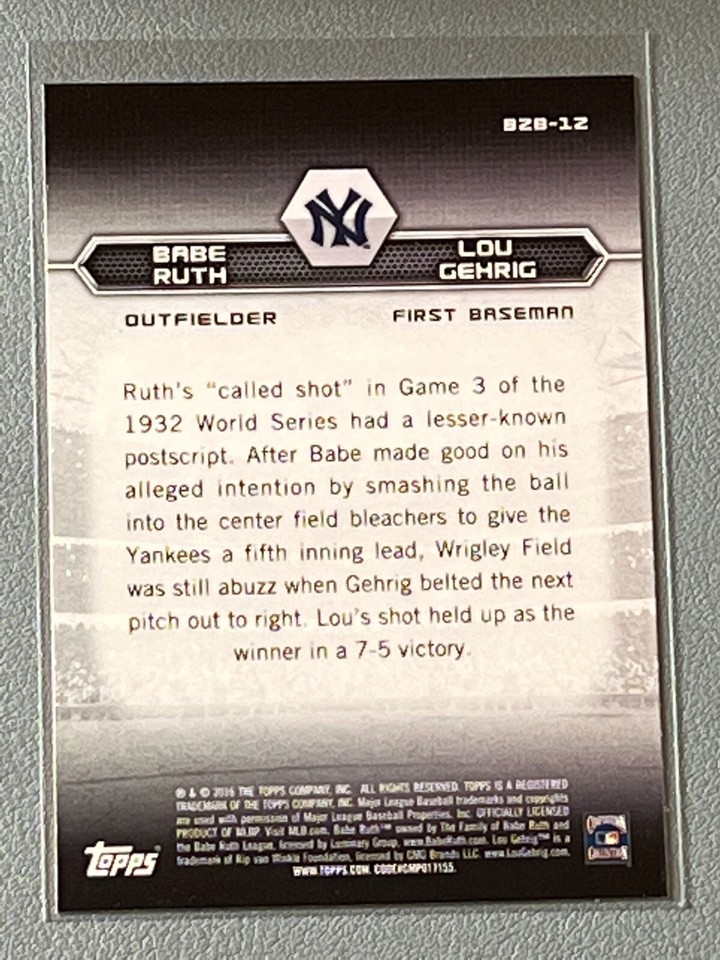 2016 Topps Back-To-Back Babe Ruth Lou Gehrig New York Yankees Insert # ...