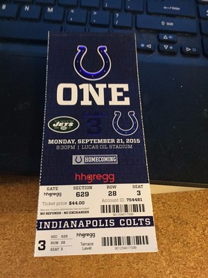 2015 INDIANAPOLIS COLTS VS NEW YORK JETS NFL TICKET STUB 9/21 *SMALL ...