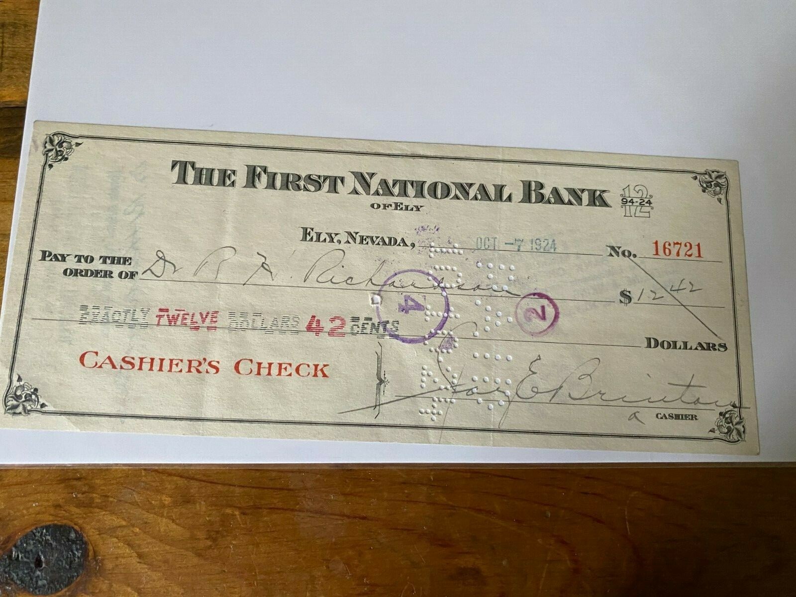 Vintage 1924 First National Bank Ely, Nevada Cancelled Check | eBay
