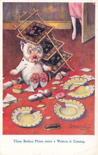 A/S GEORGE STUDDY BONZO POSTCARD 3 BROKEN PLATES ~ WOMAN IS COMING 1925 ...
