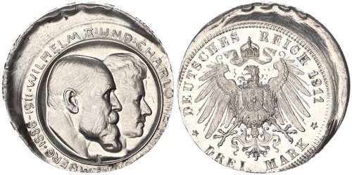 Württemberg 3 Mark 1911 F Lack Coinage: Approx. 20% Sides Dezentriert ...
