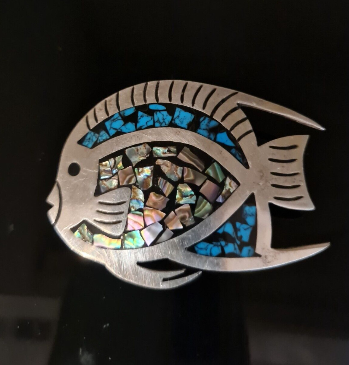 Taxco Mexico Sterling Silver Fish Brooch Pin w/ Turqu… - Gem