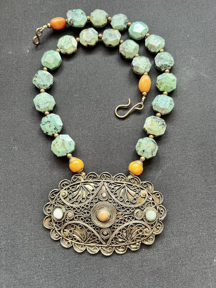 Tibetan brass filigree pendant & agate Cabochon with African turquoise ...