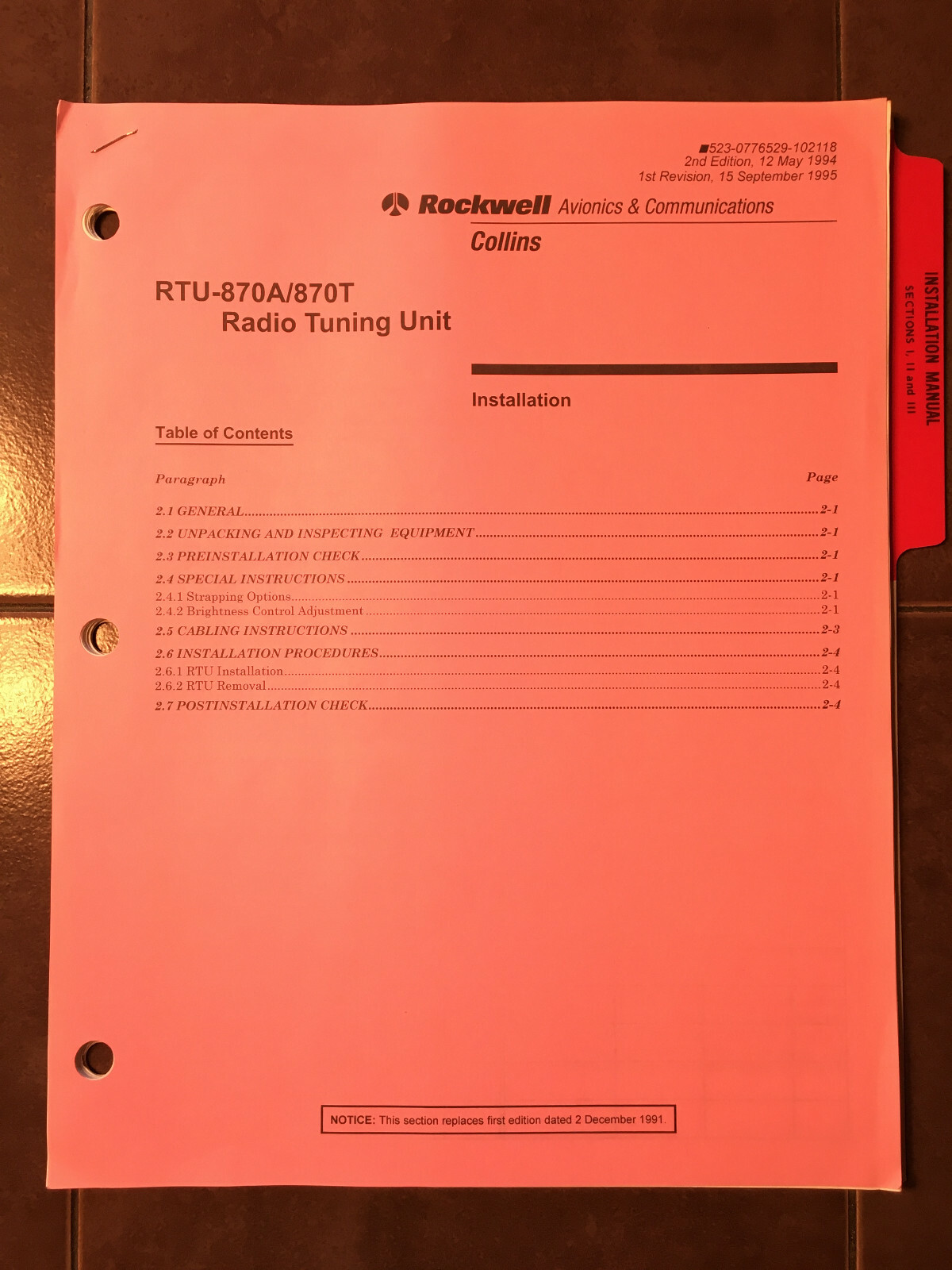 Collins RTU-870A, RTU-870T Radio Tuning Unit install manual | eBay