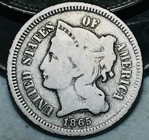 1865 Three Cent Nickel Piece 3C Circulated Civil War Date US Type Coin ...