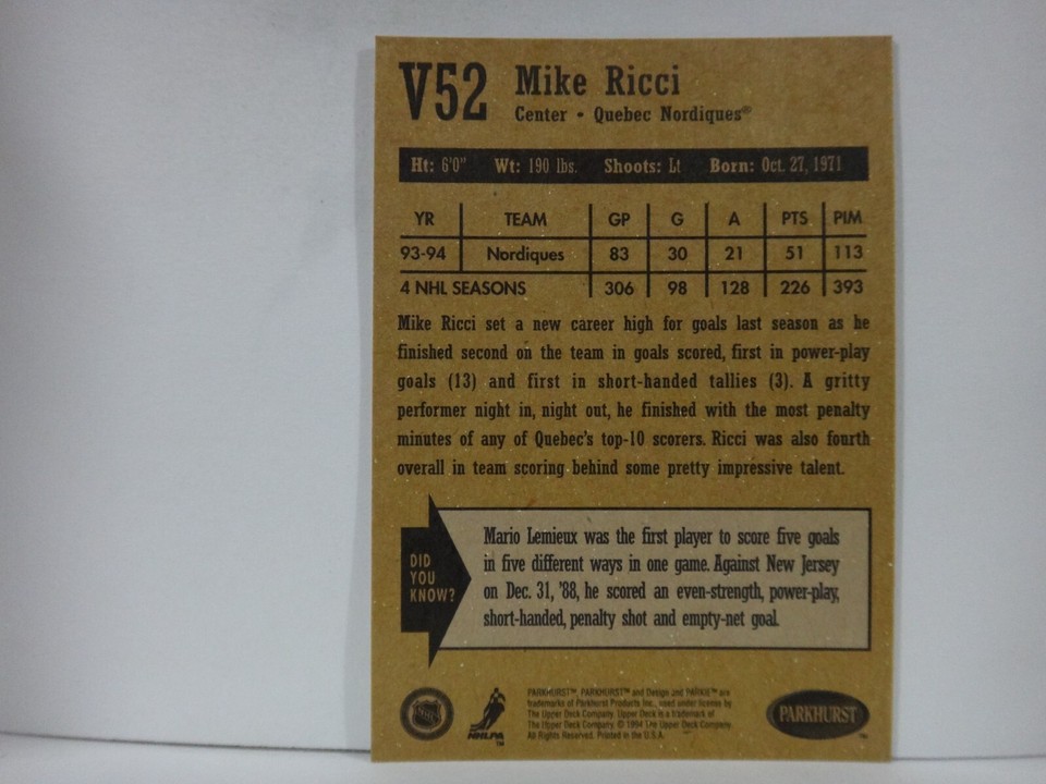 1994-95 Parkhurst Vintage Nordiques Hockey Card #V52 Mike Ricci | eBay