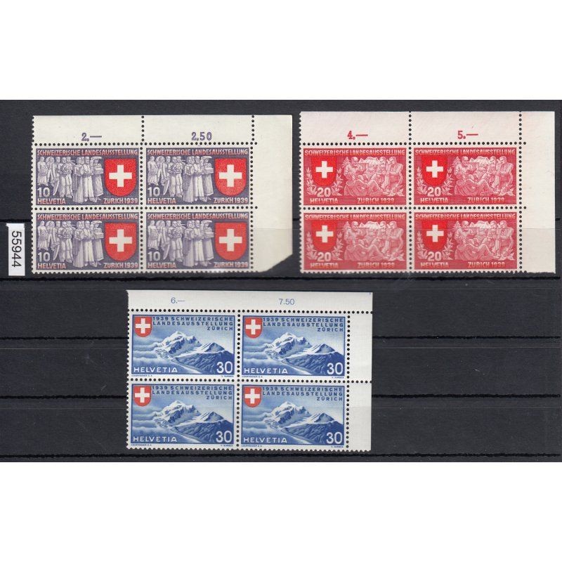 Switzerland 1939: Mi.-No.: 335-37 ** Corner Margin 4-Block | eBay UK