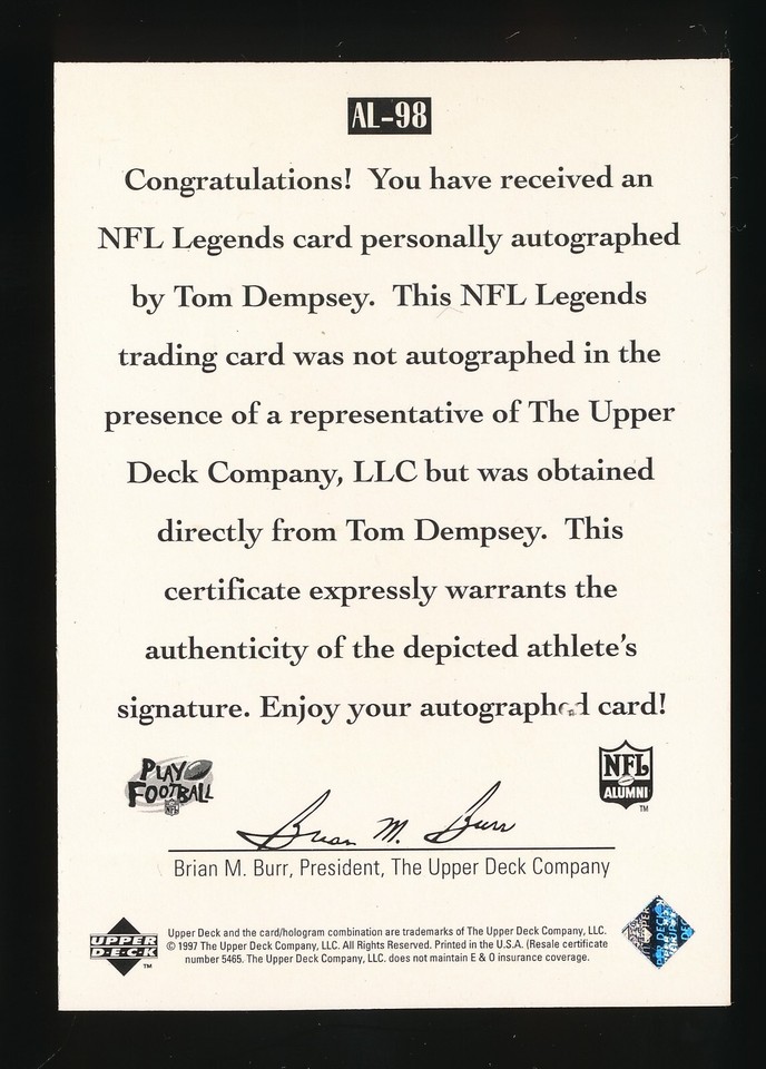 TOM DEMPSEY 1997 UPPER DECK LEGENDS AUTOGRAPH AUTO *NEW ORLEANS SAINTS ...