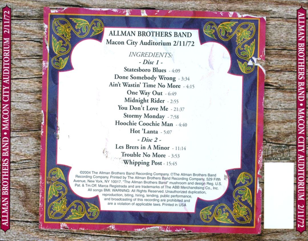 THE ALLMAN BROTHERS BAND MACON CITY AUDITORIUM: 2/11/72 NEW CD ...