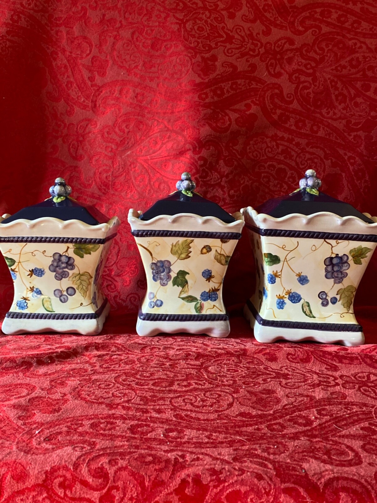 Vintage Set of 3 Capriware Canisters Hand Painted Grapes Berries ...