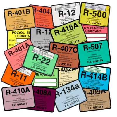 Refrigerant Label , ANY (3) Labels , examples: 134A 22 134A 407C 500 ...