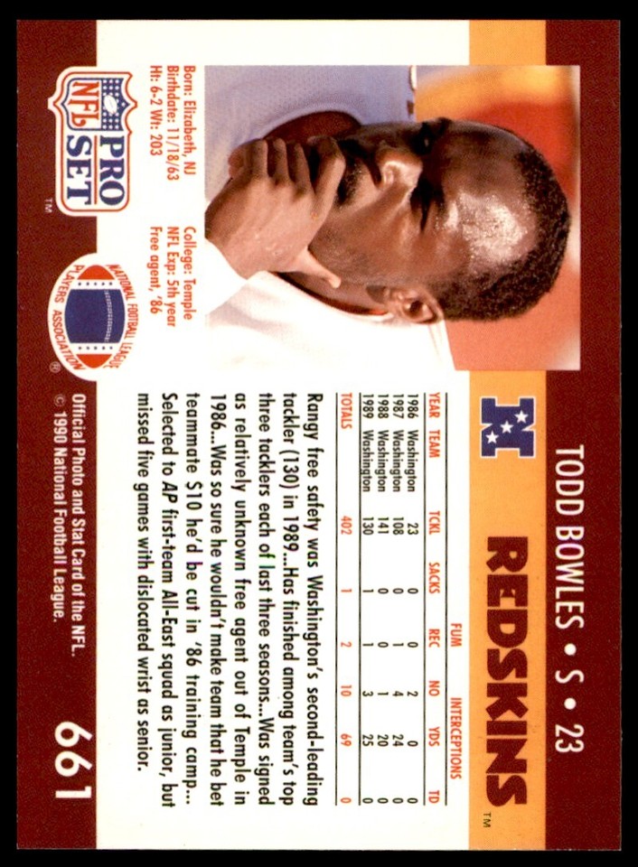 1990 Pro Set Todd Bowles Rookie Washington Redskins #661 | eBay