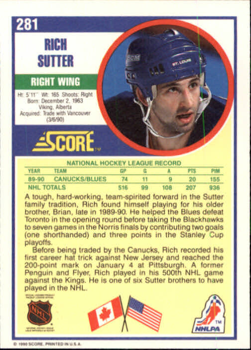 1990-91 Score Blues Hockey Card #281 Rich Sutter | eBay