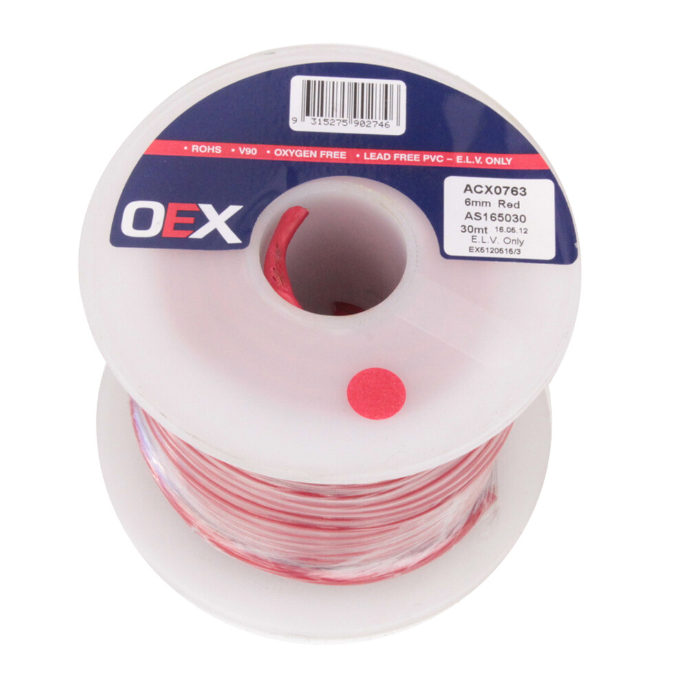 OEX Single Core Cable 50A Wire 30m Length 6mm x 4.6mm2 Red Roll Auto ...
