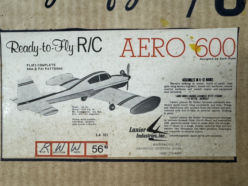 Rare Vintage Lanier Industries Aero 600 RTF 63” RC Airplane Kit NOS ...