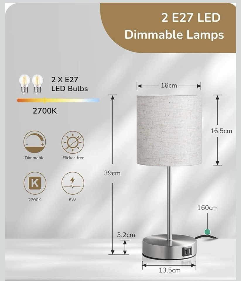 EDISHINE Table Lamps Set of 2, Dimmable Touch Bedside Lamps,, USB ...