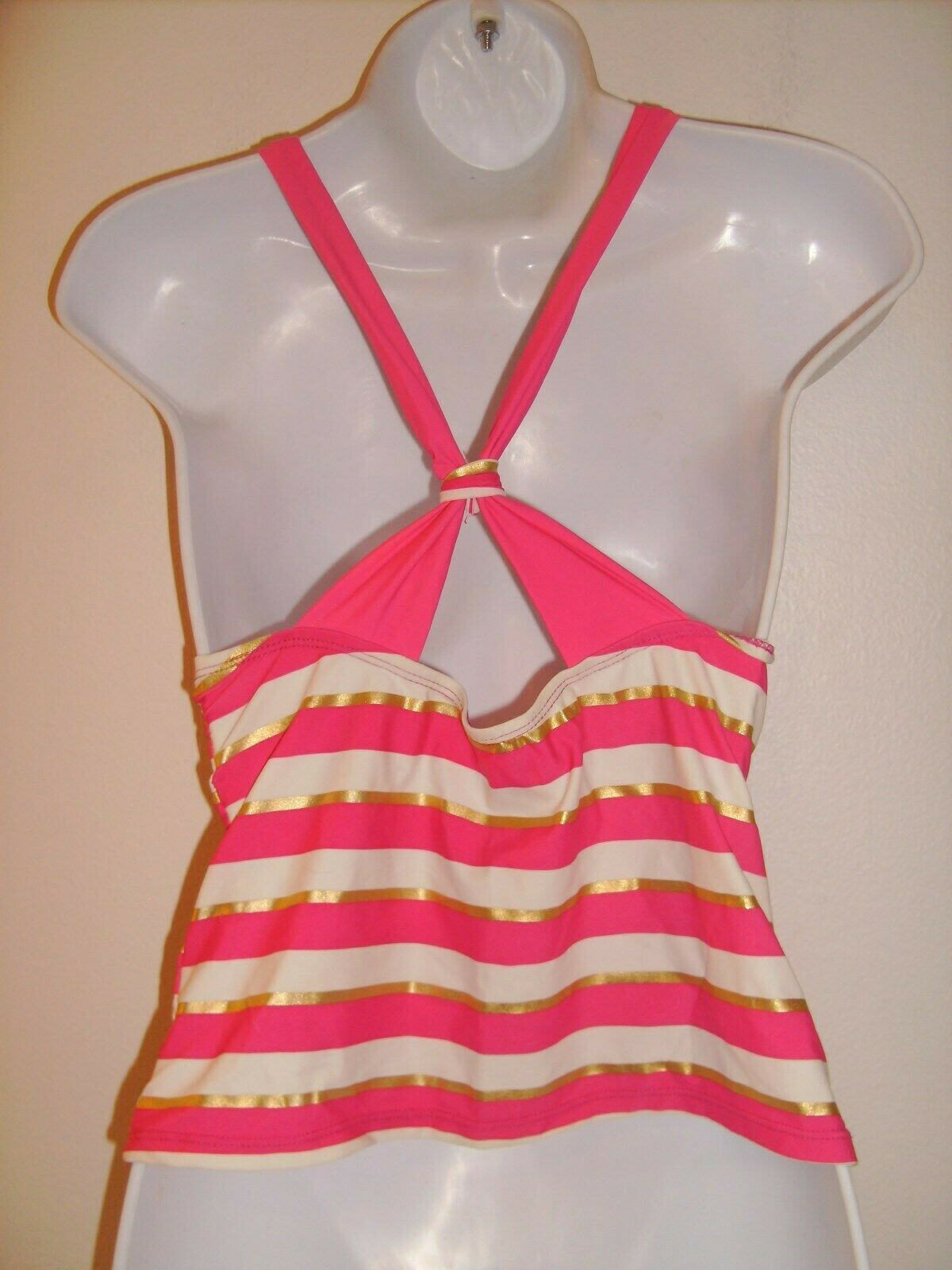 XOXO Size S Pink/White/Gold Metallic Striped Tankini Top | eBay