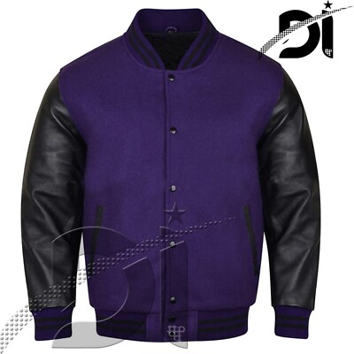 Varsity Purple Letterman Baseball Wool & Black Real Leather Sleeves ...